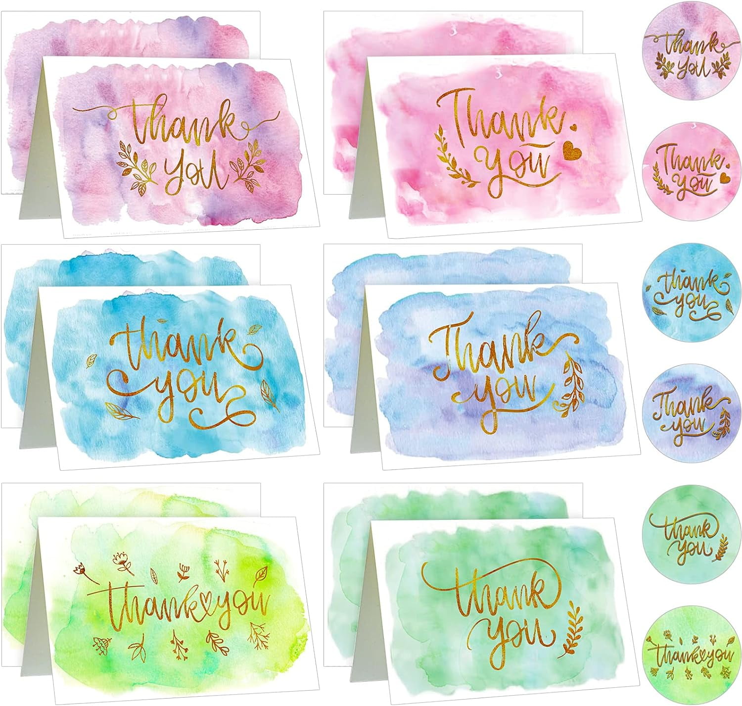 24 Pack Watercolor Thank You Cards with 24 Envelopes 24 Stickers 6 ...
