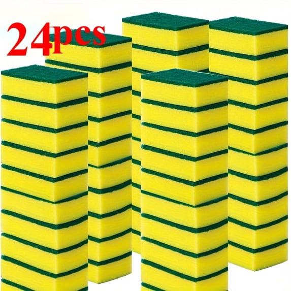 24-Pack Yellow & Green Kitchen Sponges - High-Absorption Double-Layer ...