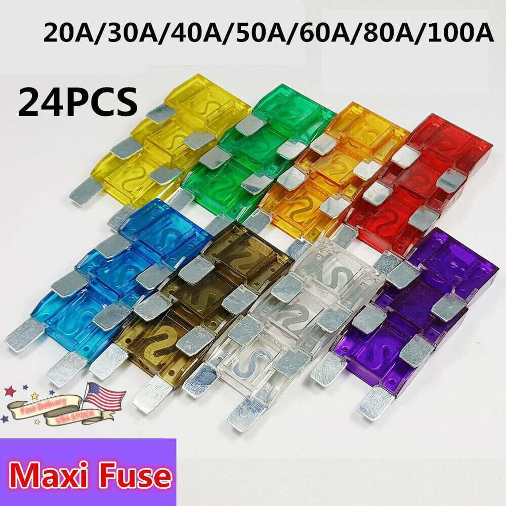 24 Pack of 20-100 Amp Large Blade Style Audio Maxi Fuse for Car RV Boat ...