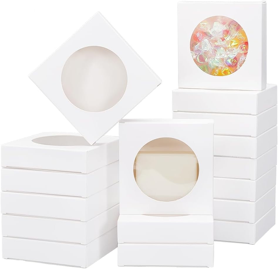 24 Packs 3.9x3.9x0.95 Inch Square Paper Boxes with Round Window White ...