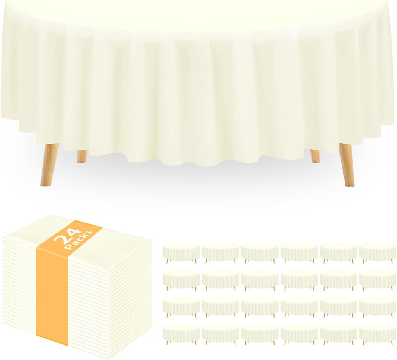 24 Packs Plastic Round Tablecloth Ivory-96 inch Disposable Round ...