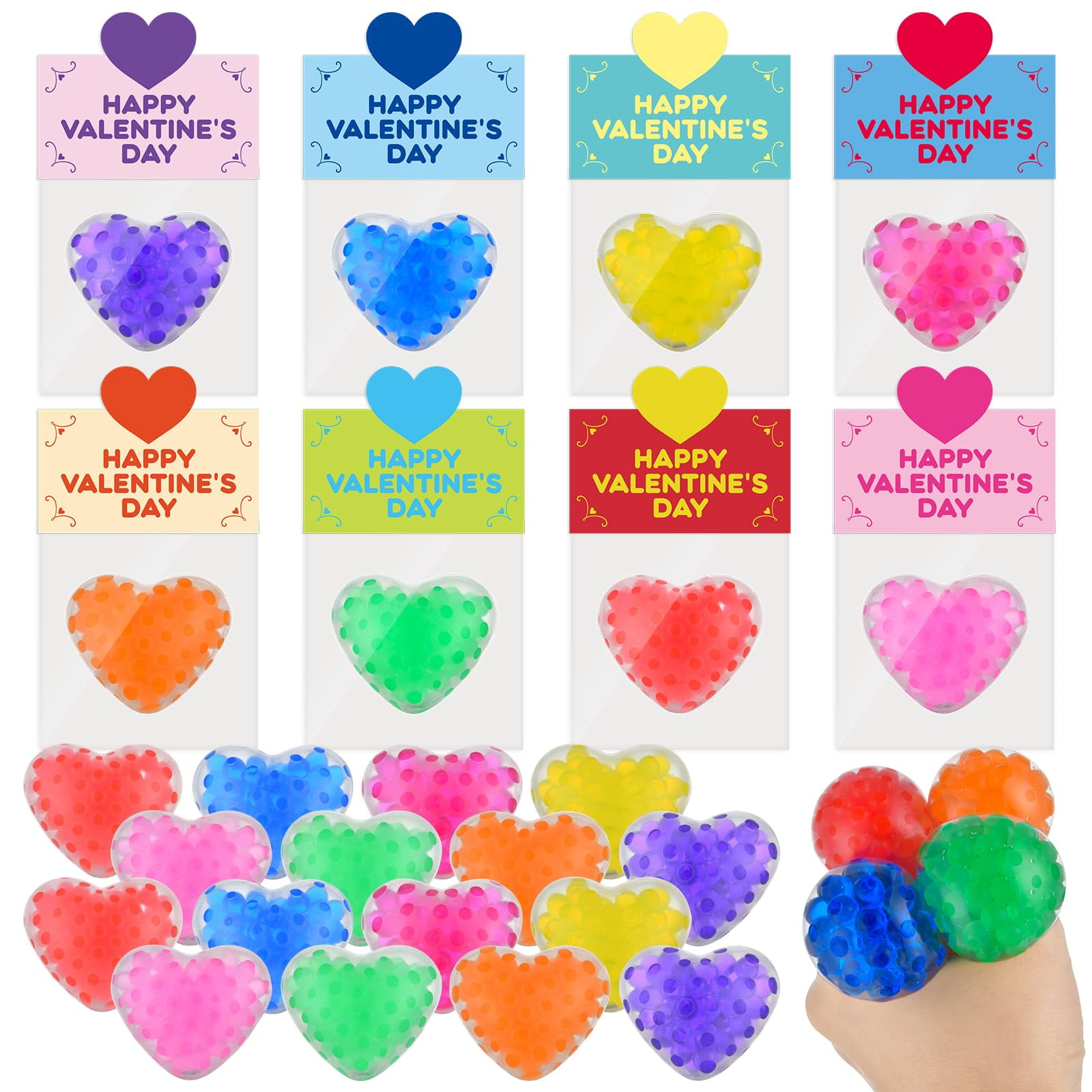 24 Packs Valentine's Day Heart Stress Balls with Cards, Stress Relief ...