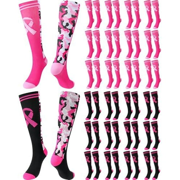 24 Pairs Breast Cancer Awareness Knee High Socks Pink Ribbon Socks Bulk ...
