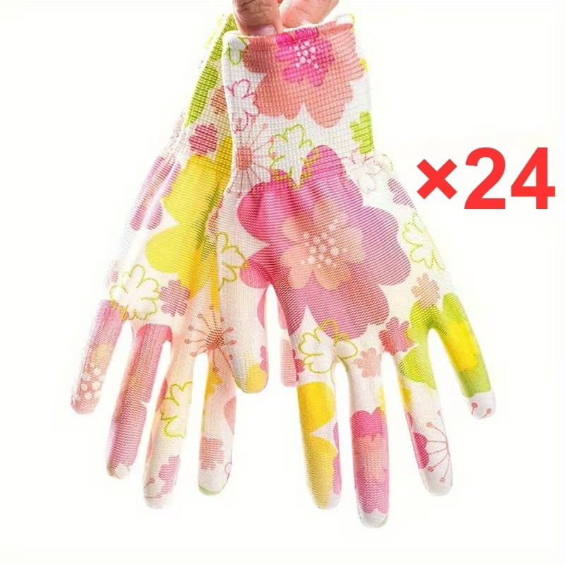 24 Pairs of Floral Print Gardening Gloves - Lightweight Non-Slip Work ...