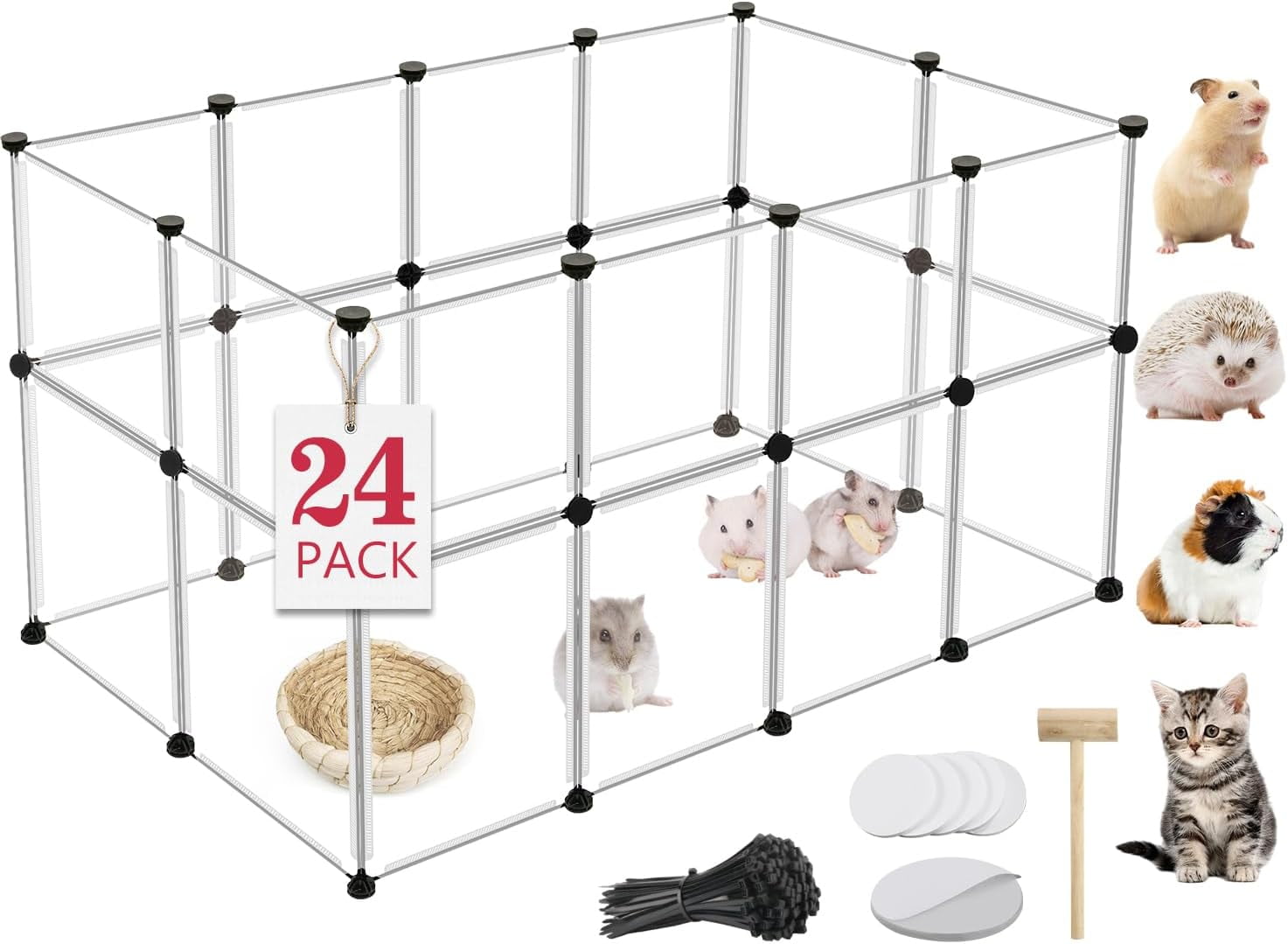 24 Panels Portable Small Animals Playpen,48"x 24"x 28" Transparent Pet ...