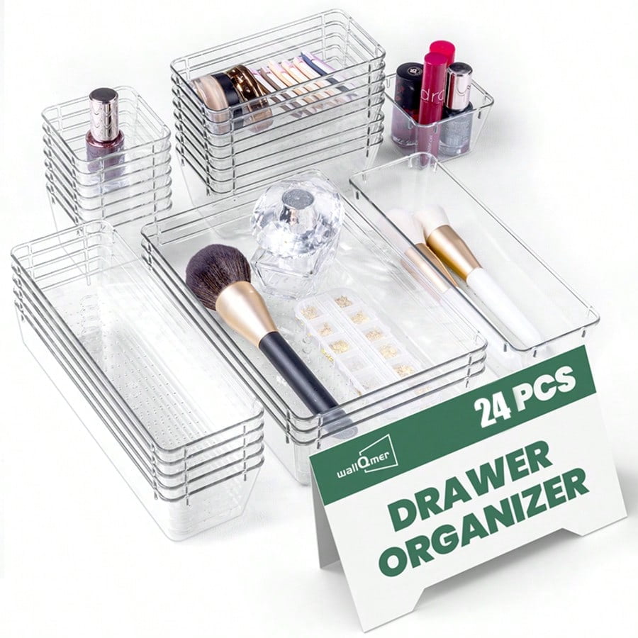 24 Pc Clear Plastic Drawer Organizer Set,4 Sizes In Drawer Trays For ...