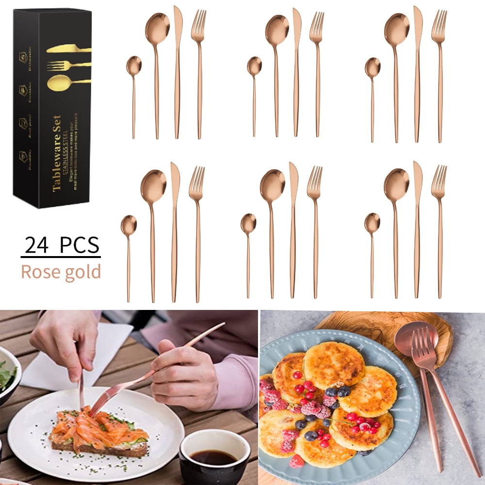 24 Pc Flatware Sets Silverware Set with Steak Knives, Stainless Steel Flatware Set for 4, Forks ...