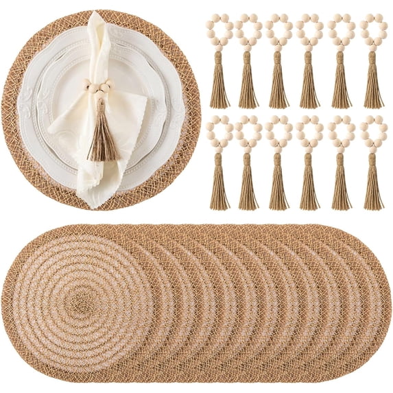 24 Pcs 15'' Burlap Boho Woven Placemat Wood Bead Napkin Rings with Jute ...