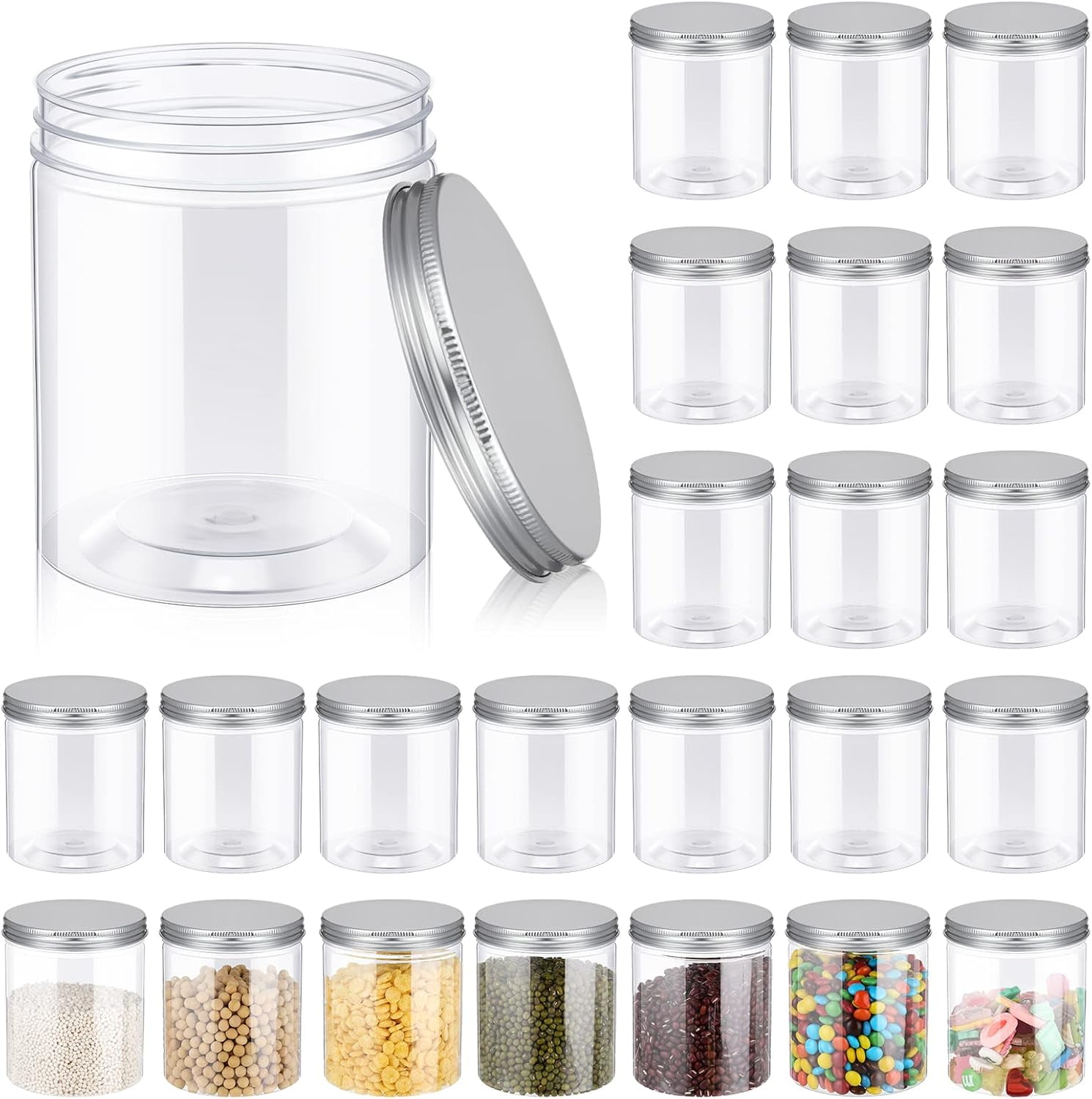 24 Pcs 16 oz Clear Plastic Jars with Ribbed Lids Wide Mouth Food ...