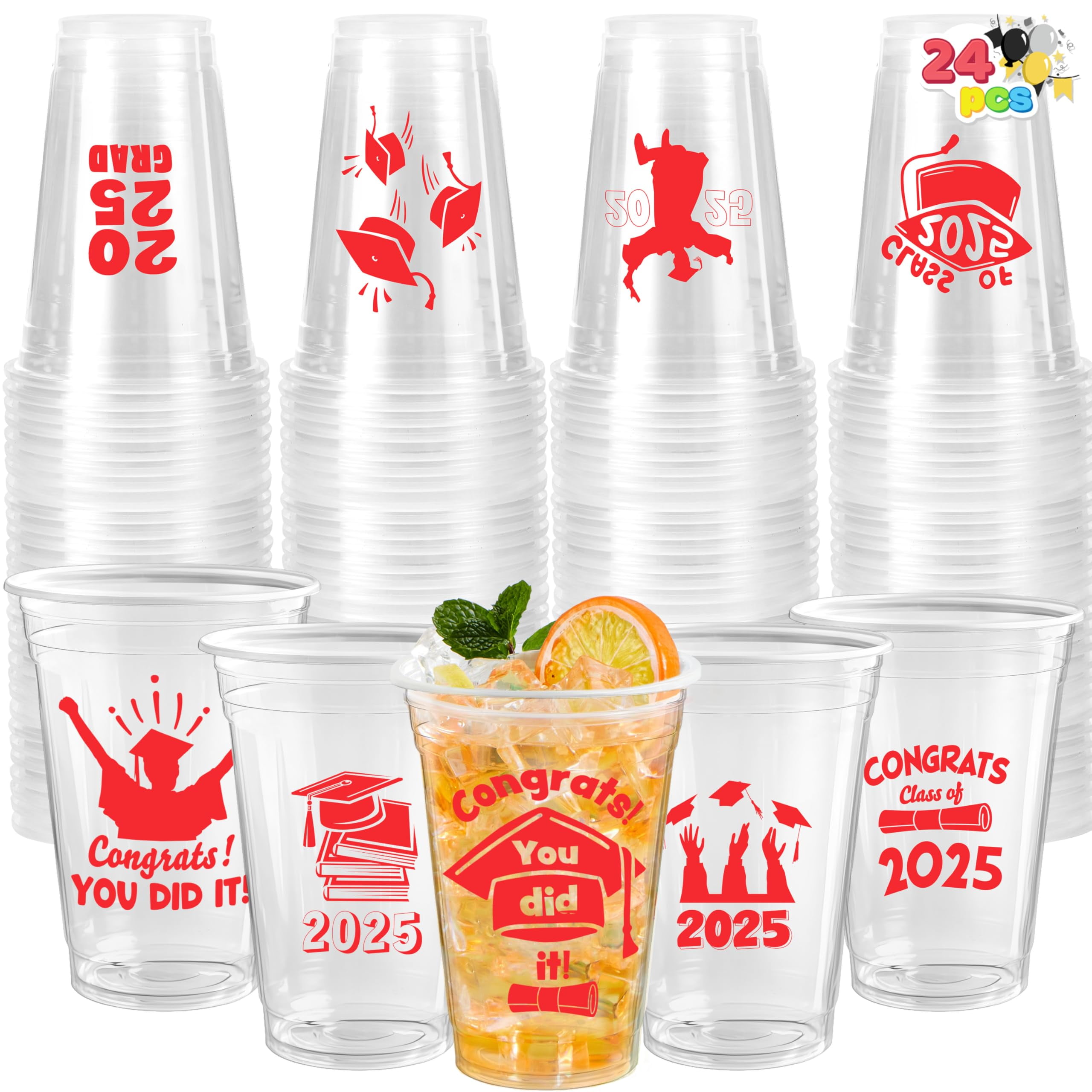 24 Pcs 16OZ Graduation Party Cups Red, Disposable Plastic Cups for ...