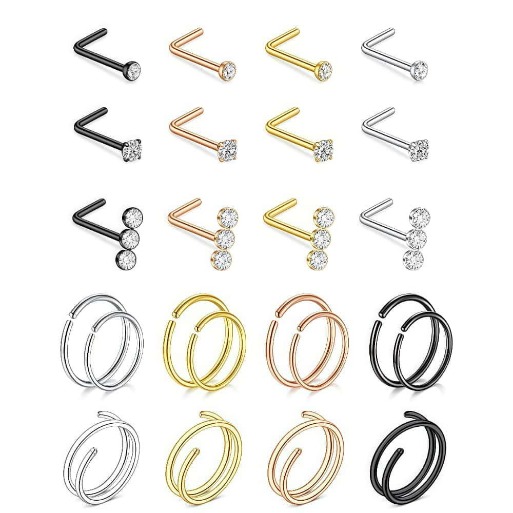 24 Pcs 20g & 22g Single Nose Rings Double Hoop Nose Rings Hoop L Shape ...