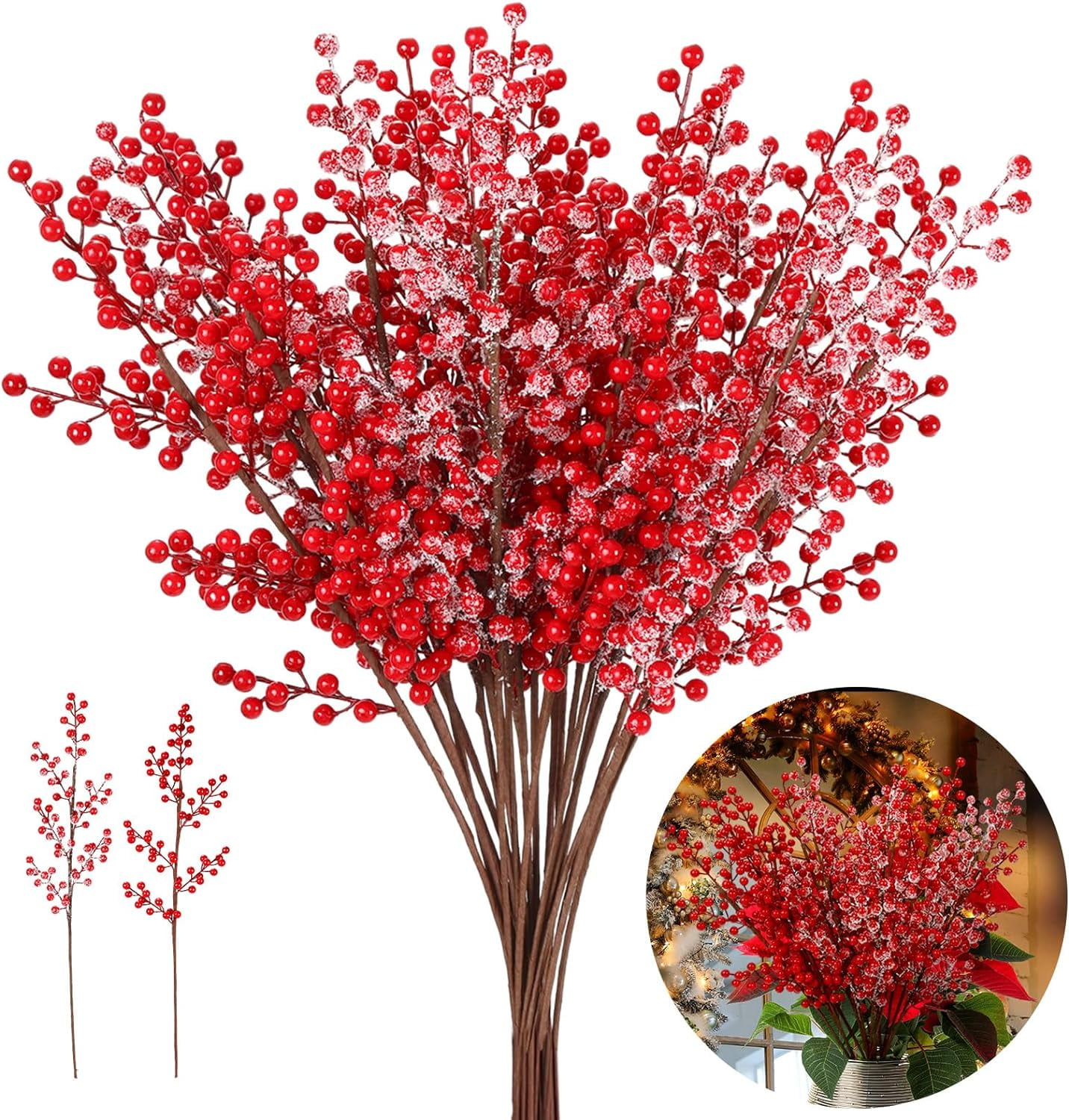 24 Pcs 26Inch Artificial Berry Stem Christmas Long Red Berry Picks ...