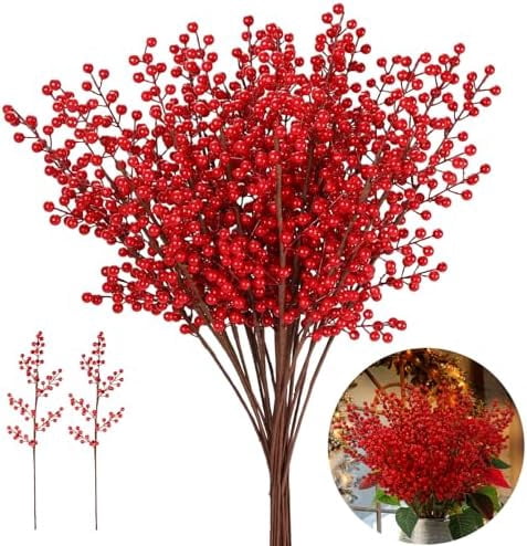 24 Pcs 26Inch Artificial Berry Stem Christmas Long Red Berry Picks ...