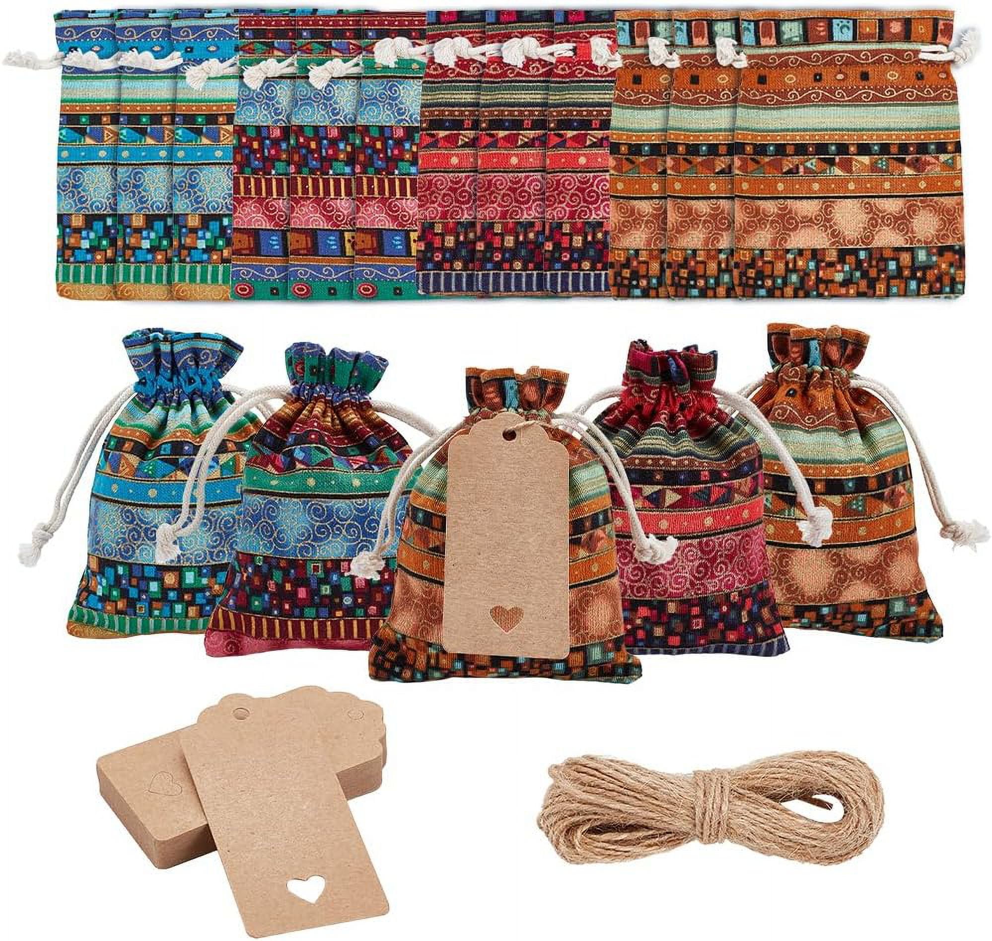 24 Pcs 4 Colors Drawstring Gift Bags Linenette Drawstring Bags Ethnic ...