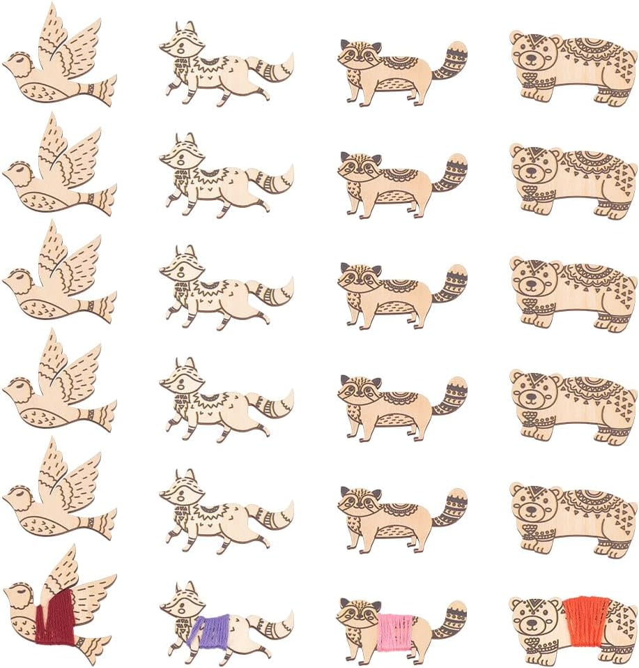 24 Pcs 4 Styles Wooden Animals Floss Bobbins Bird Fox Racoon Bear Cross ...