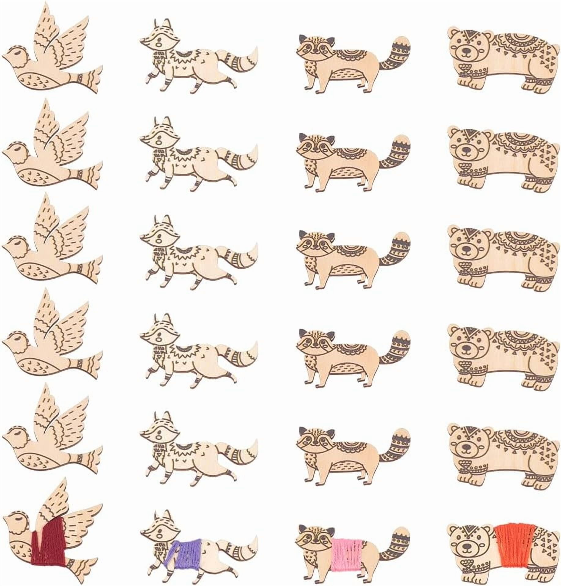 24 Pcs 4 Styles Wooden Animals Floss Bobbins Bird Fox Racoon Bear ...