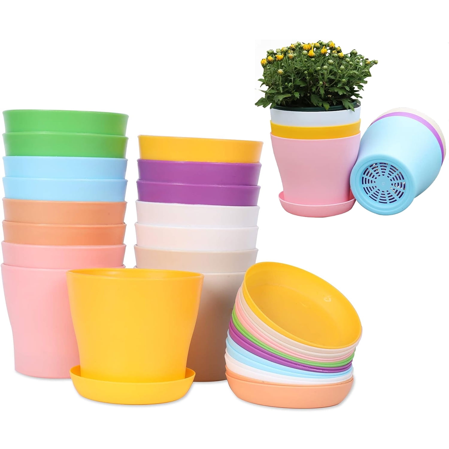 24 Pcs 4 inch Plastic Planters with Multiple Drainage Holes and Tray ...
