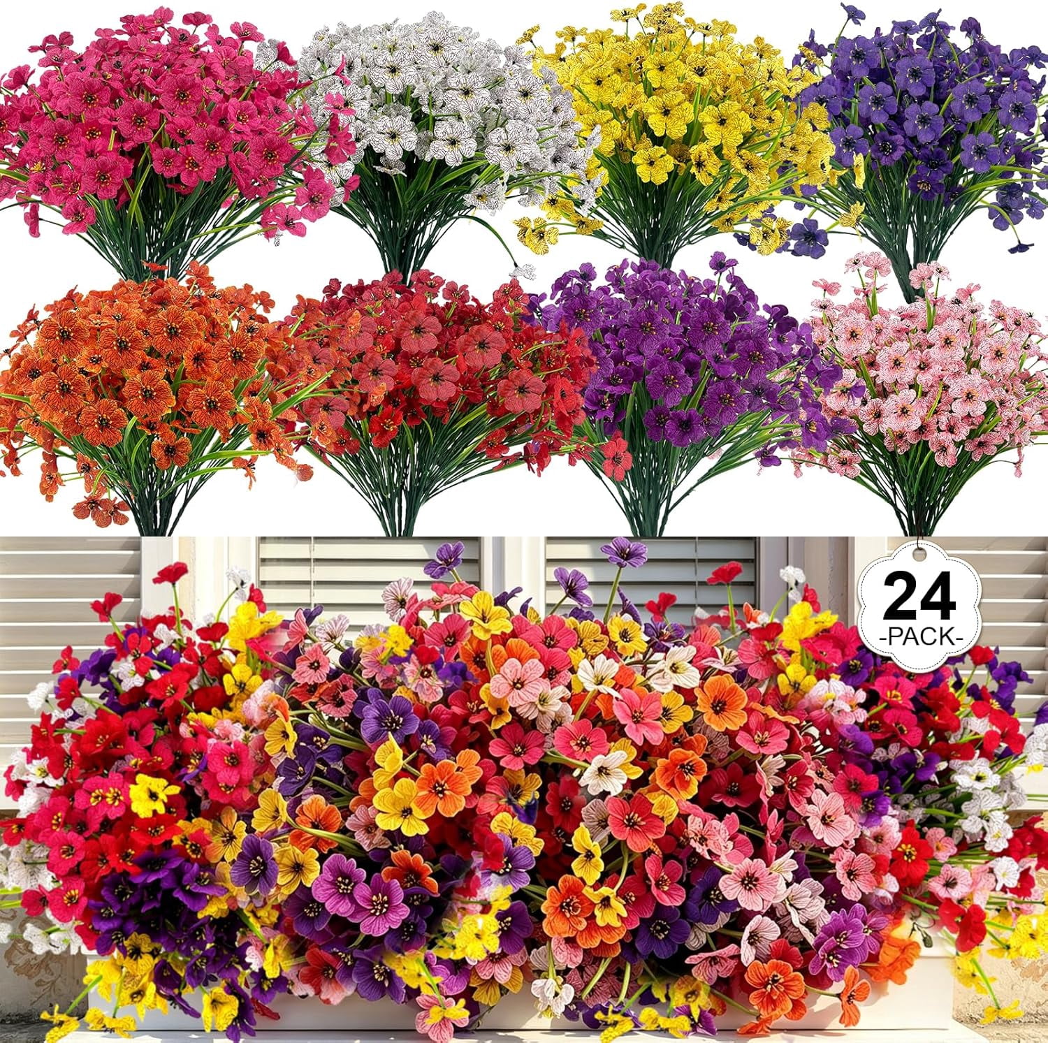 24 Pcs (8 Color) UV Resistant Artificial Spring Flowers & Faux Plants ...