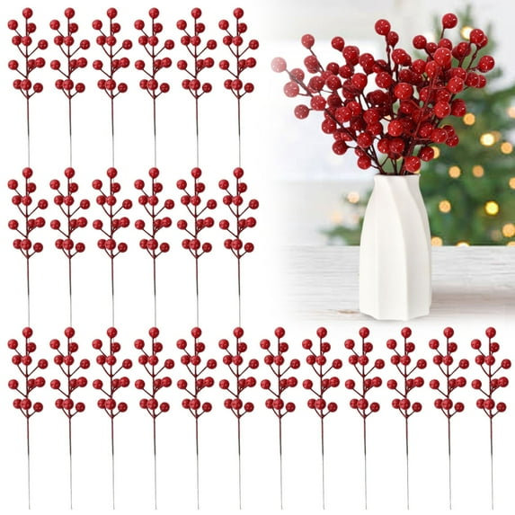 24 Pcs 8 Inch Christmas Picks, Versatile-Use Christmas Decorations, Artificial Red Berries Stems ...