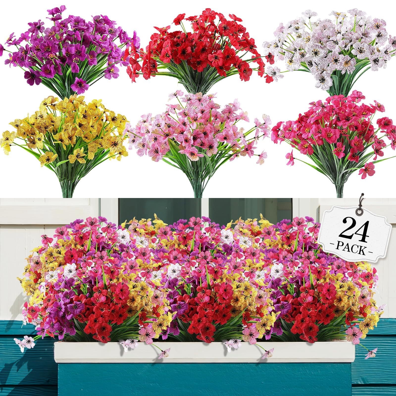 simeccom 24 Bundles Artificial Outdoor Flowers Faux UV Resistant ...