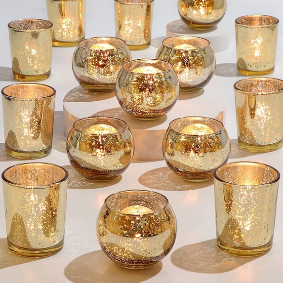 24 Pcs Assorted Gold Votive Candle Holders, Mercury Glass Tea Lights ...