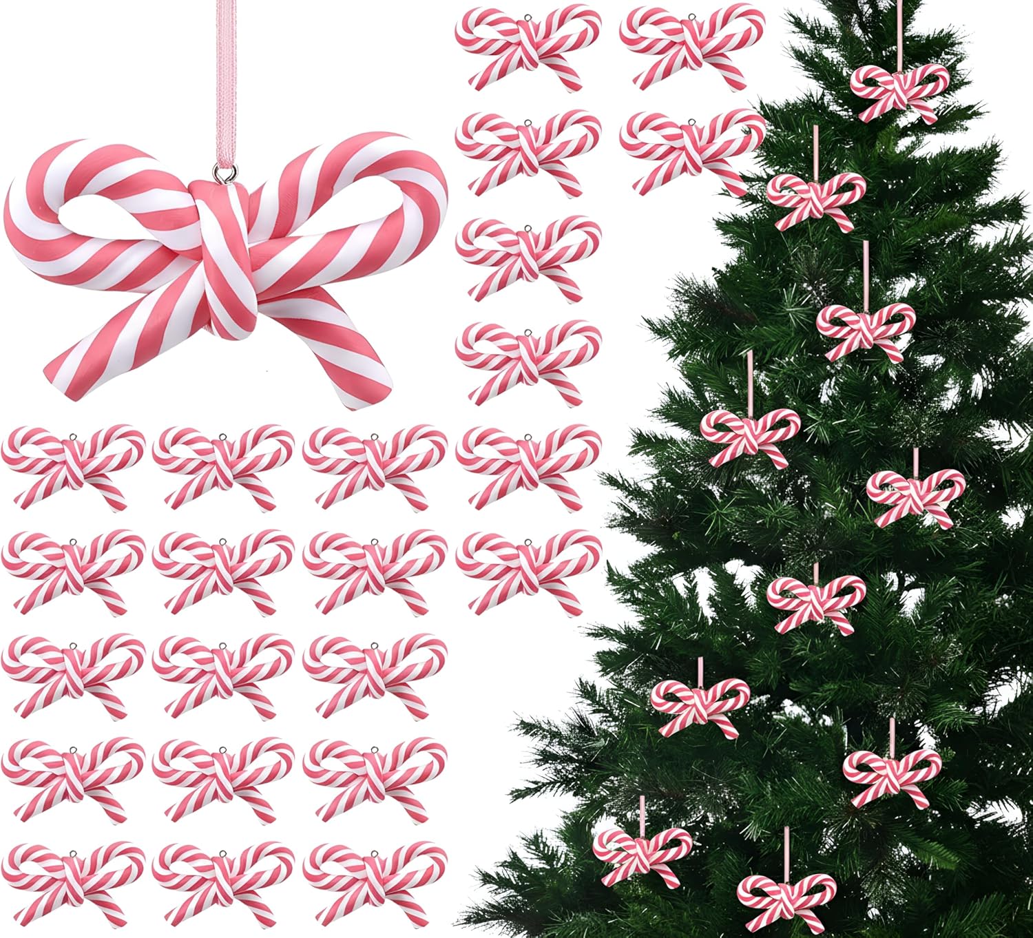 24 Pcs Bow Candy Cane Ornaments Pink and White Tree Decoration Stripe ...