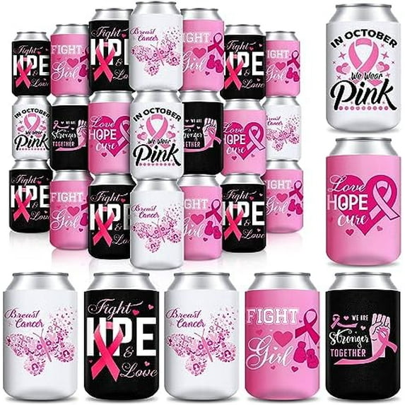 24 Pcs Breast Cancer Awareness Can Coolers Sleeves Pink Ribbon Beer ...