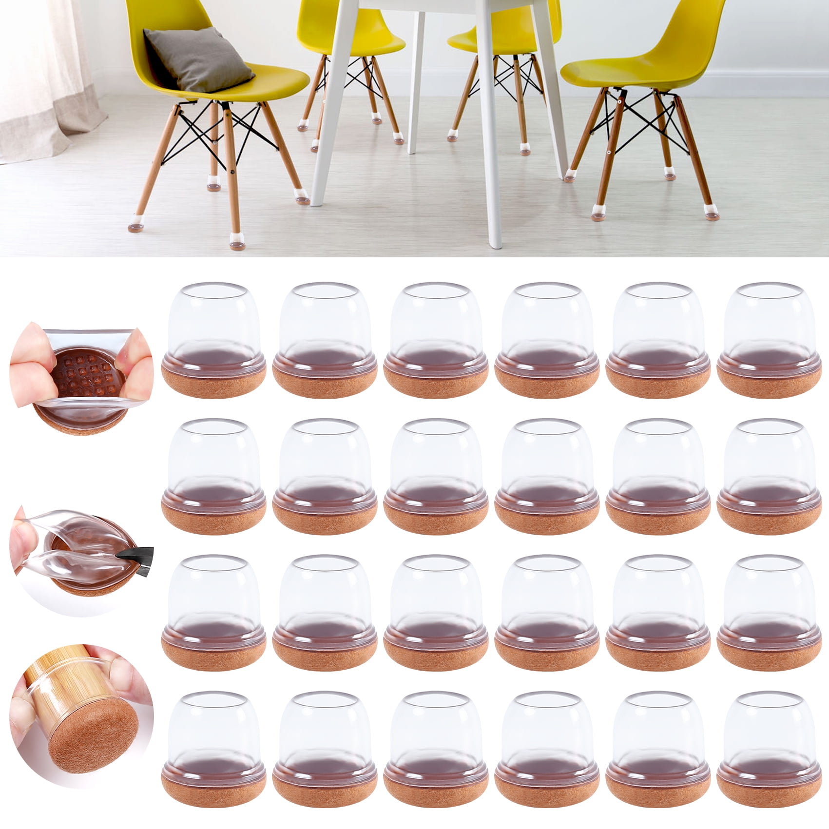 24 Pcs Chair Leg Caps with Wrapped Felt,Clear Silicone Chair Leg Floor ...
