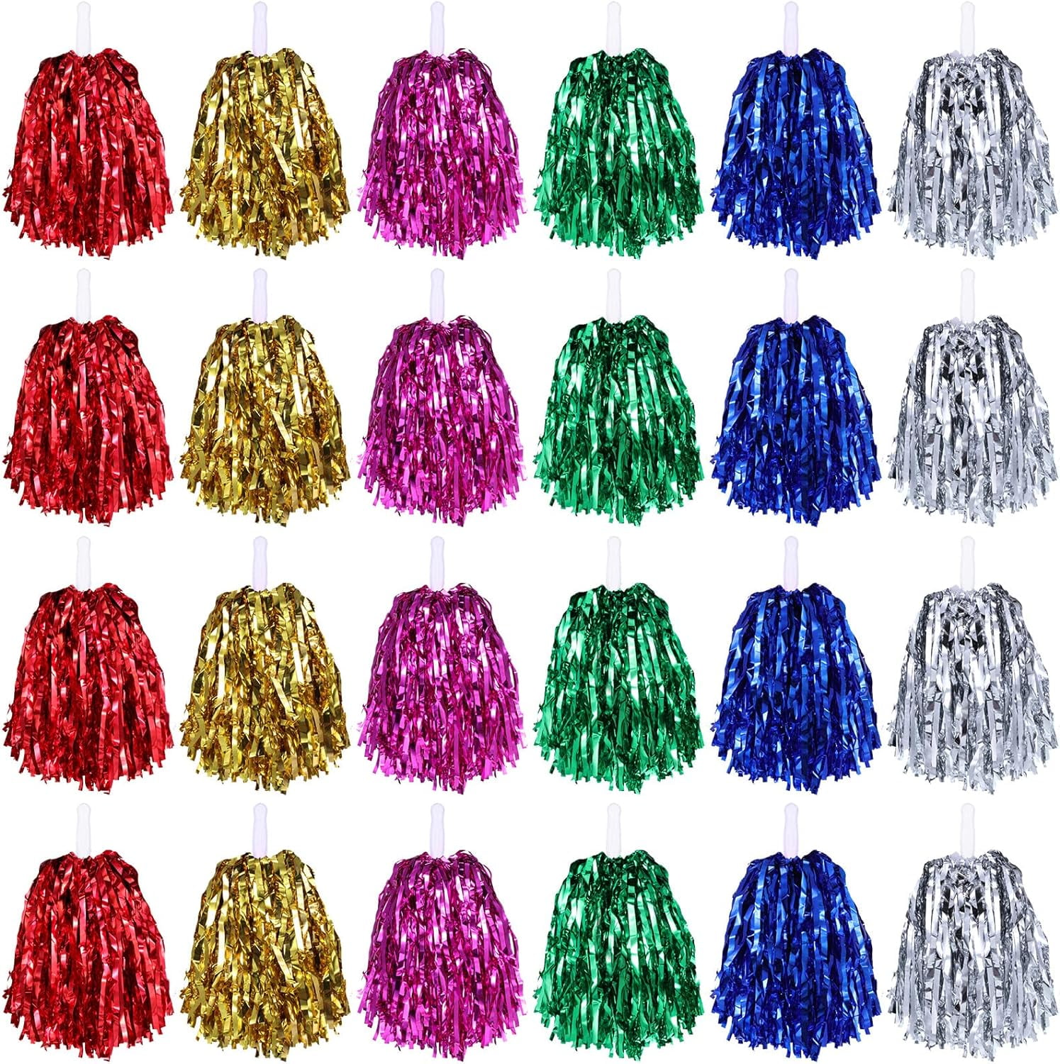 24 Pcs Cheerleading Pom Poms, Metallic Foil Handle Cheer Squad Team ...