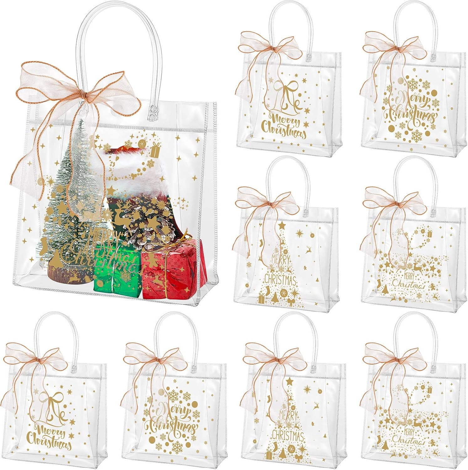 24 Pcs Christmas Clear Gift Bags with Handles and Ribbon Plastic ...