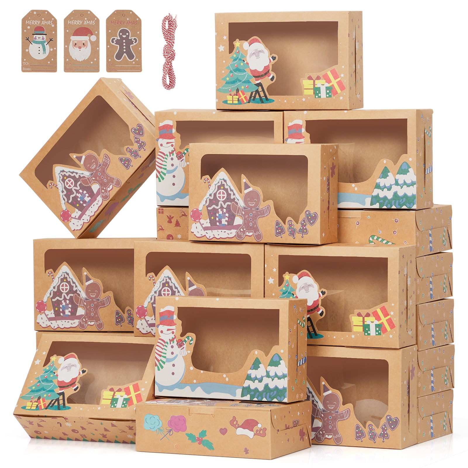 24 Pcs Christmas Cookie Box with Window, Food Grade Kraft Paper Baking ...