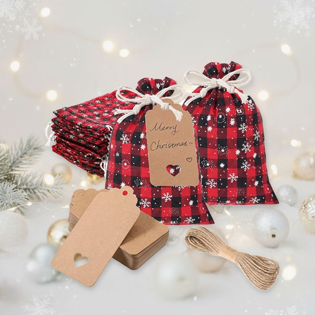 24 Pcs Christmas Drawstring Gift Bags Xmas Buffalo Plaid Burlap Advent ...