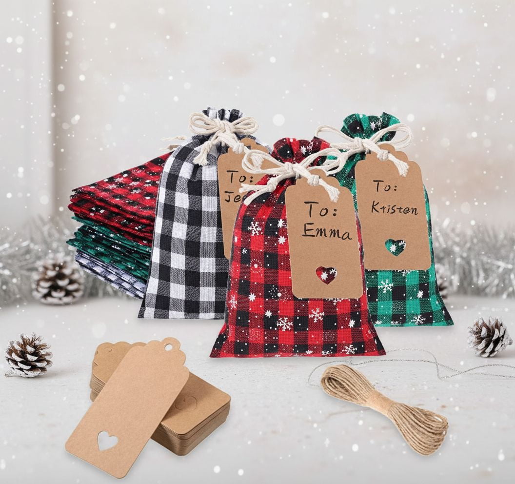 24 Pcs Christmas Drawstring Gift Bags Xmas Buffalo Plaid Burlap Advent ...