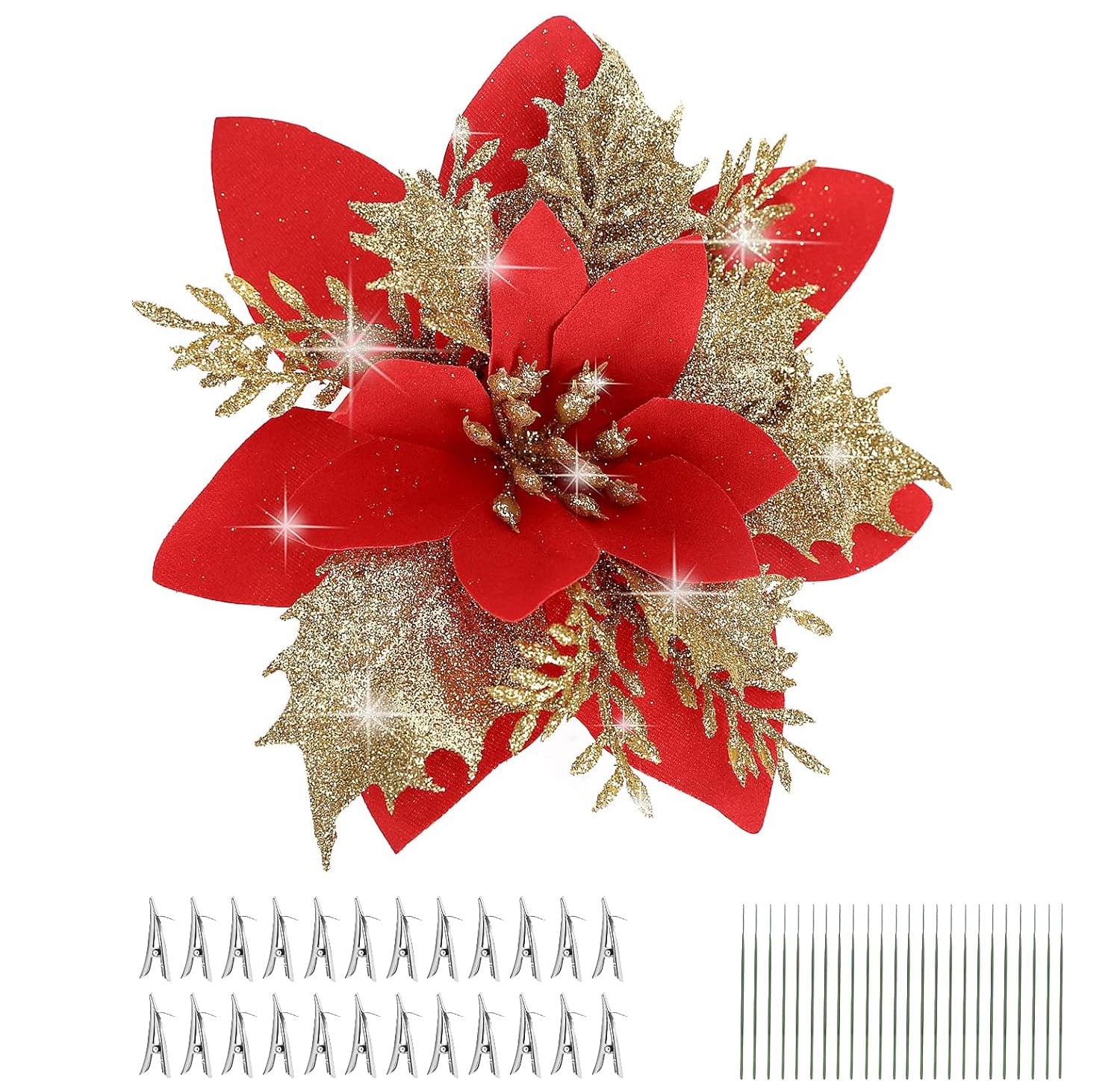 24 Pcs Christmas Poinsettia Flower Artificial Pointsettia with Clips ...