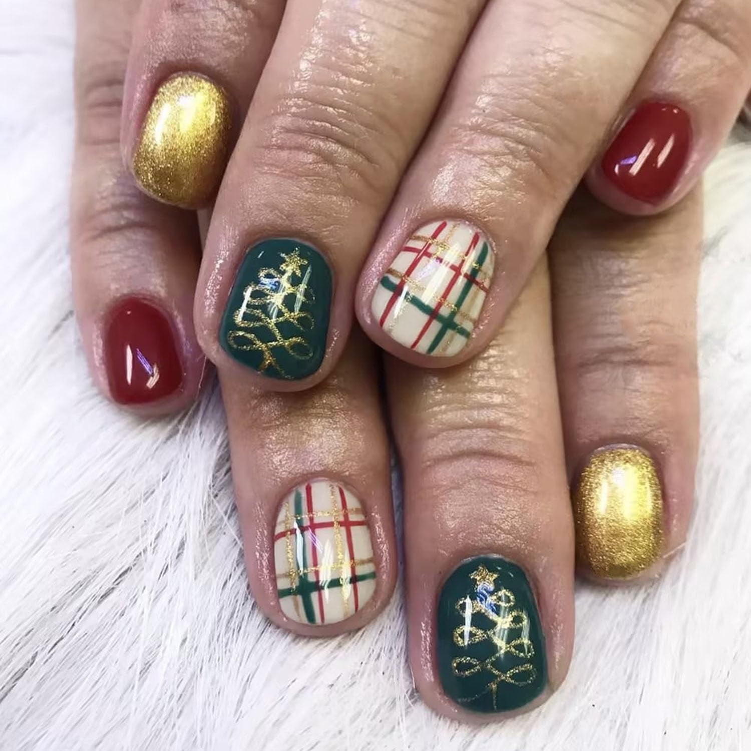 24 Pcs Christmas Press on Nails Short Square - ZIFANHU Gold Glitter ...