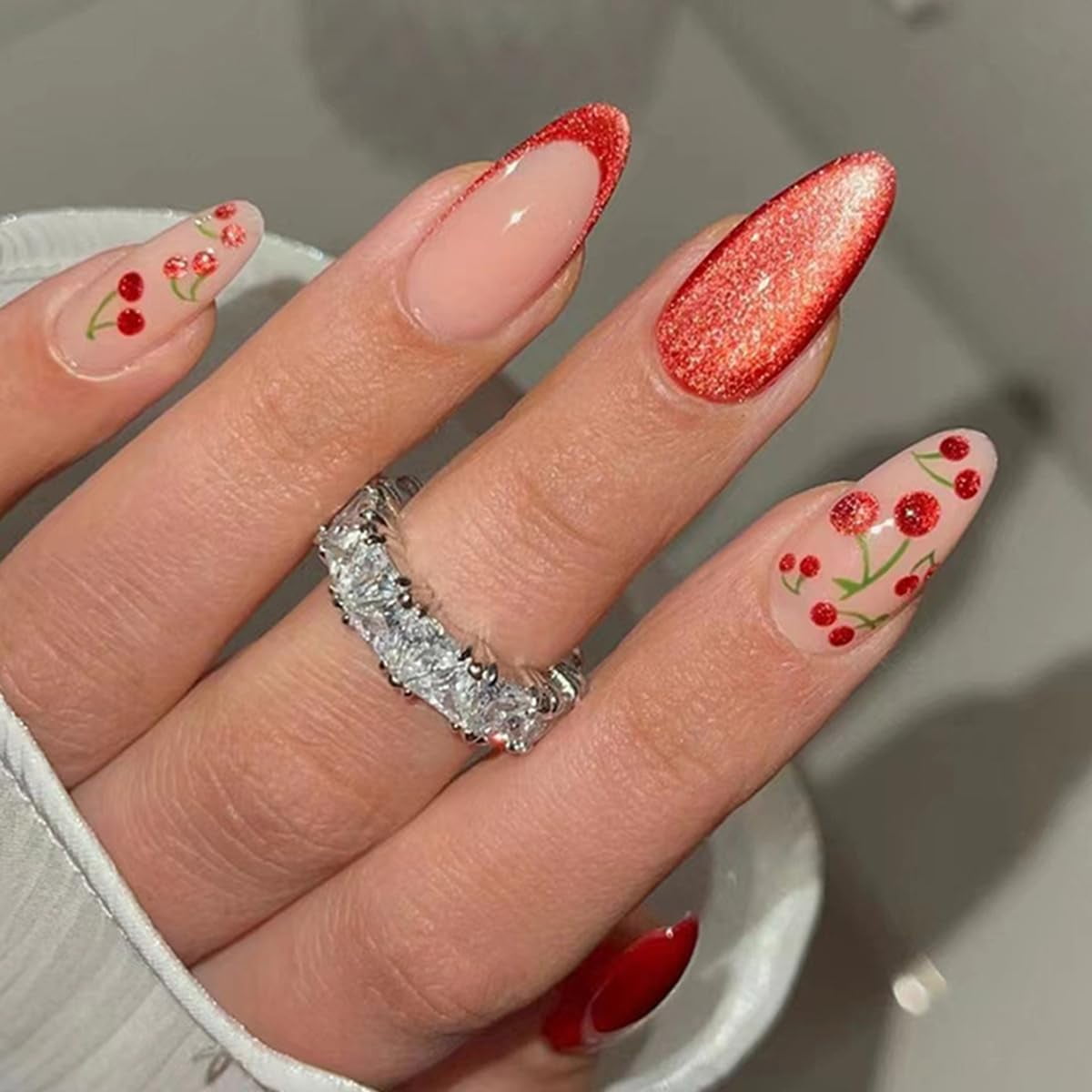 24 Pcs Claret Press on Nails Short Almond - Spring Fake Nails Press ons ...