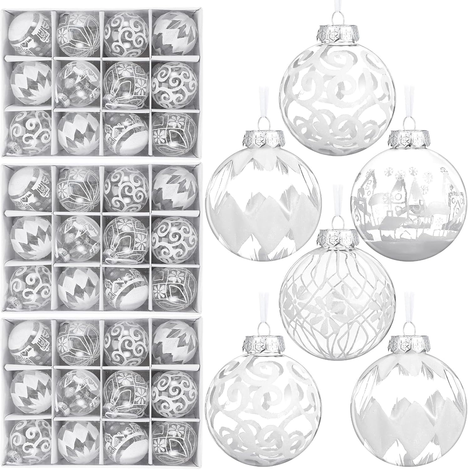 24 Pcs Clear Glitter Christmas Ball Ornaments 3.15 Inch Christmas ...