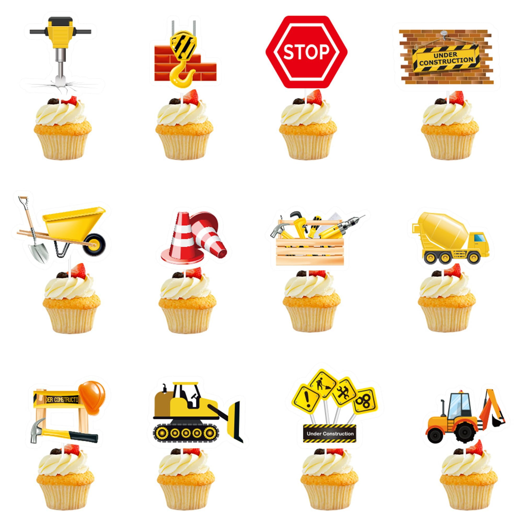 24 Pcs Construction Cupcake Toppers, Excavator BSL1 Dump Truck Tractor ...