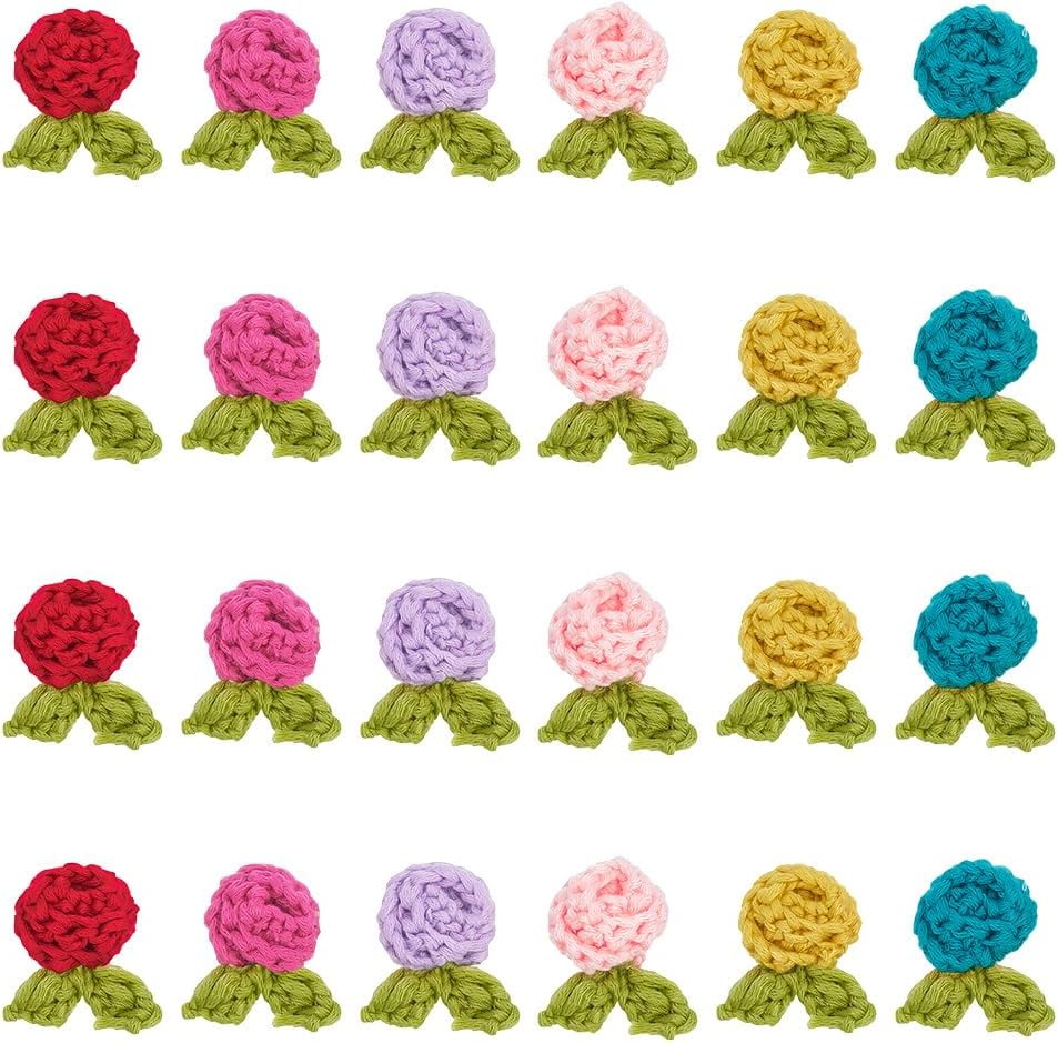 24 Pcs Crochet Knitting Rose Flower Patches 6 Colors Polyester Floral ...