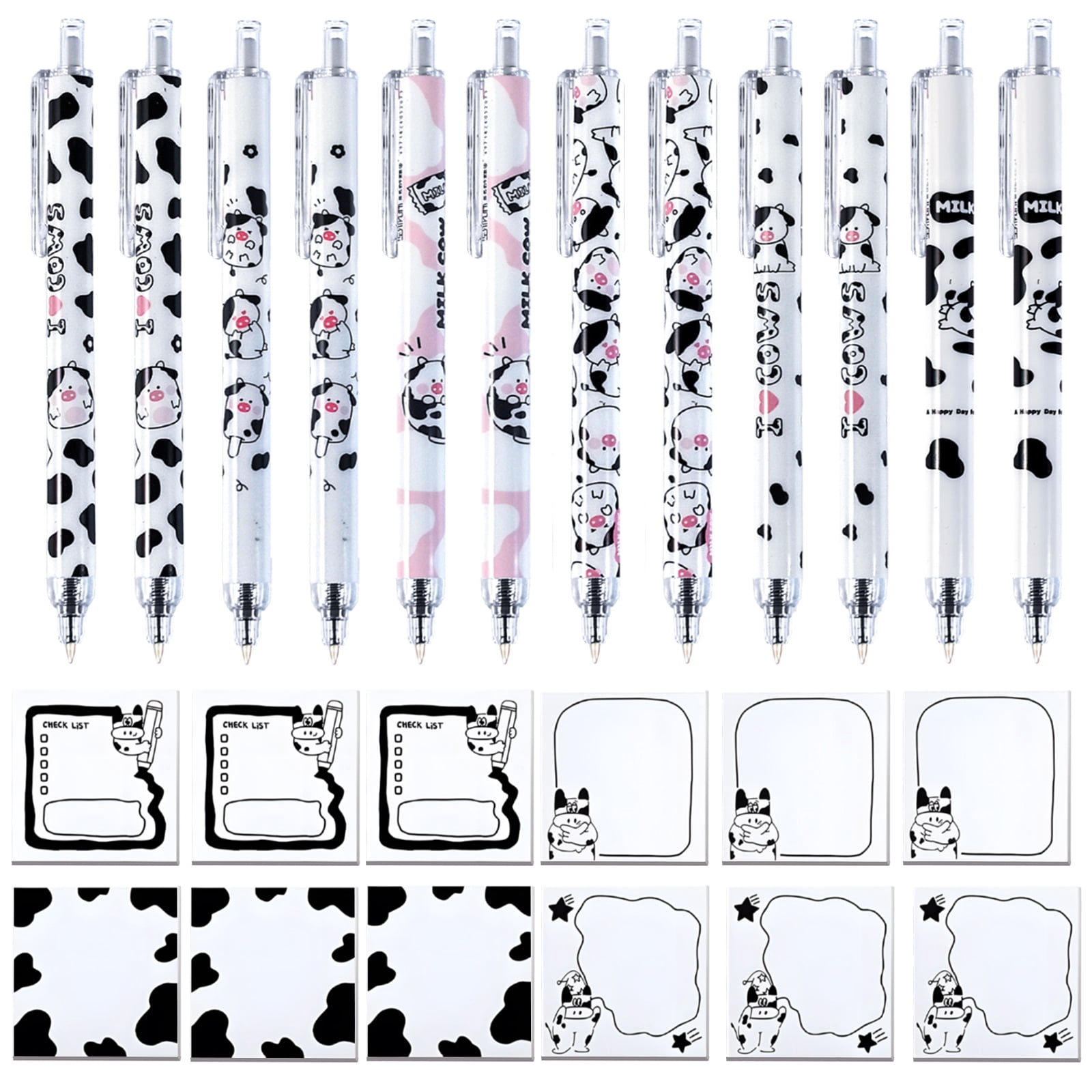 24 Pcs Cute Cow Print Stuff,12 Cow Pens and 12 Pads Cow Sticky Notes ...