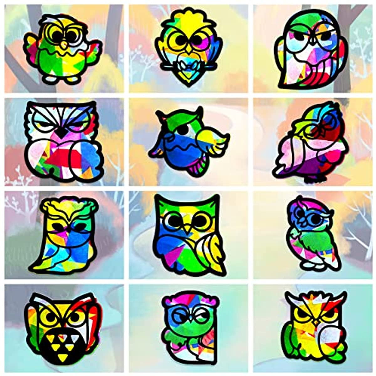 24 Pcs DIY Owl Stained Glass Effect Paper Suncatchers Paper Window ...