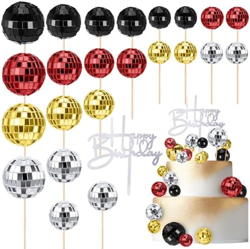 24 Pcs Disco Ball Cupcake Toppers Happy Birthday Cake Topper 1970s ...