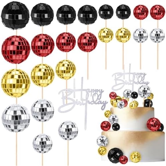 24 Pcs Disco Ball Cupcake Toppers Happy Birthday Cake Topper 1970s ...