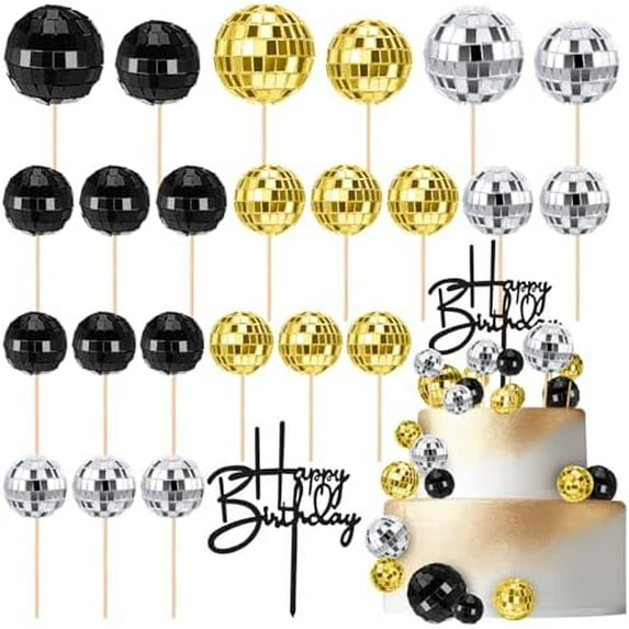 24 Pcs Disco Ball Cupcake Toppers Happy Birthday Cake Topper 1970s ...