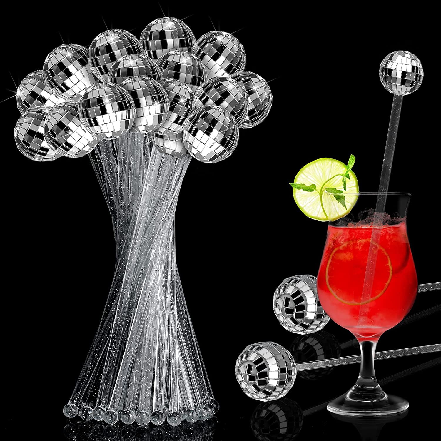 24 Pcs Disco Balls Cocktail Stirrers Silver Disco Ball Decorative ...