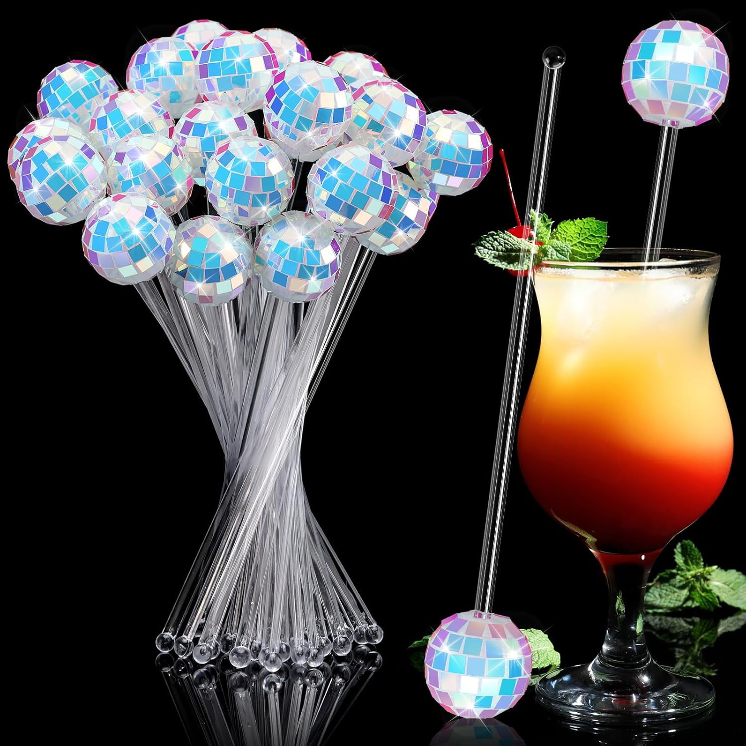 24 Pcs Disco Balls Cocktail Stirrers Silver Disco Ball Decorative ...