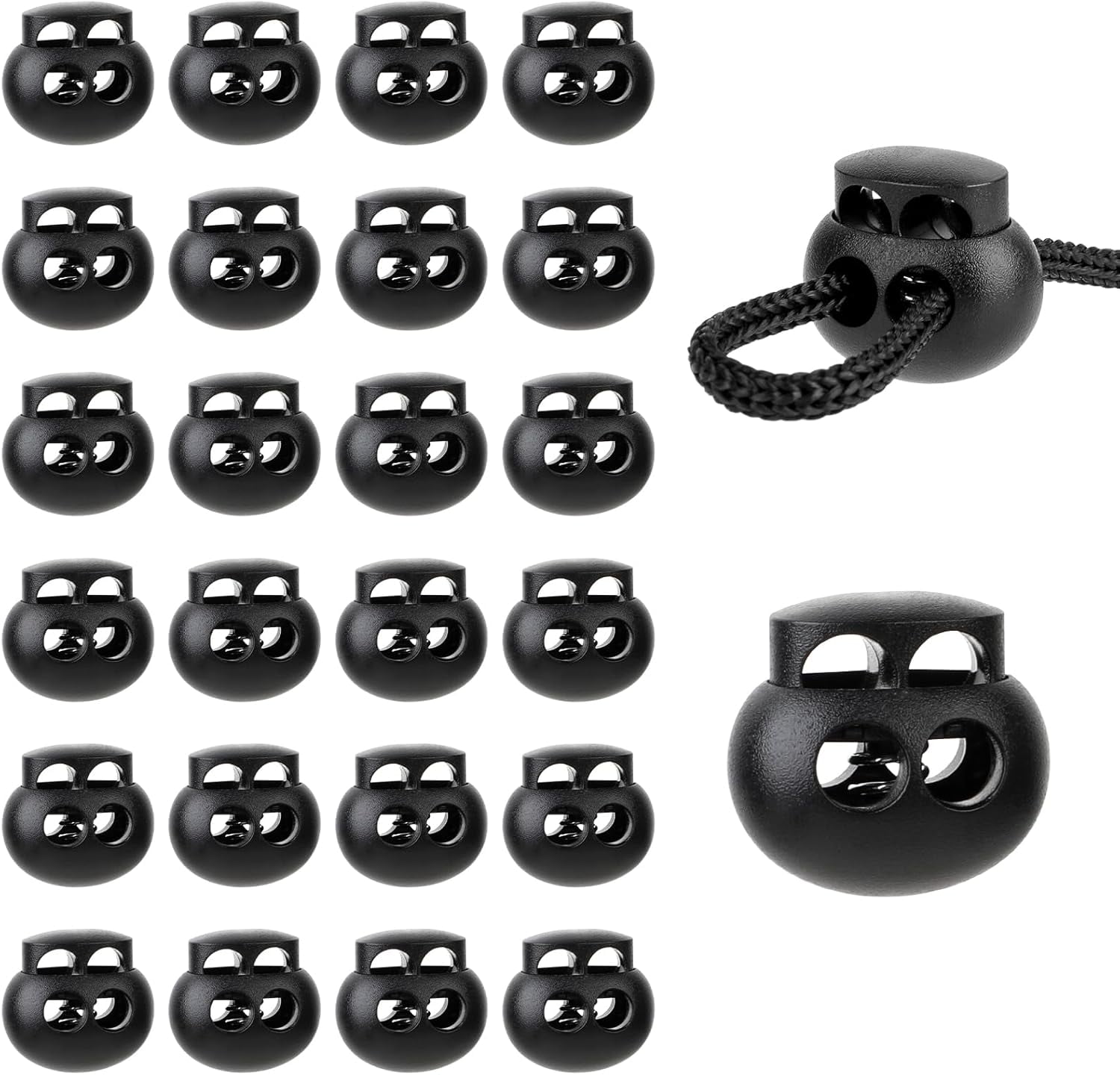 24 Pcs Double Hole Cord Locks Plastic Toggle Stoppers Black Spring ...