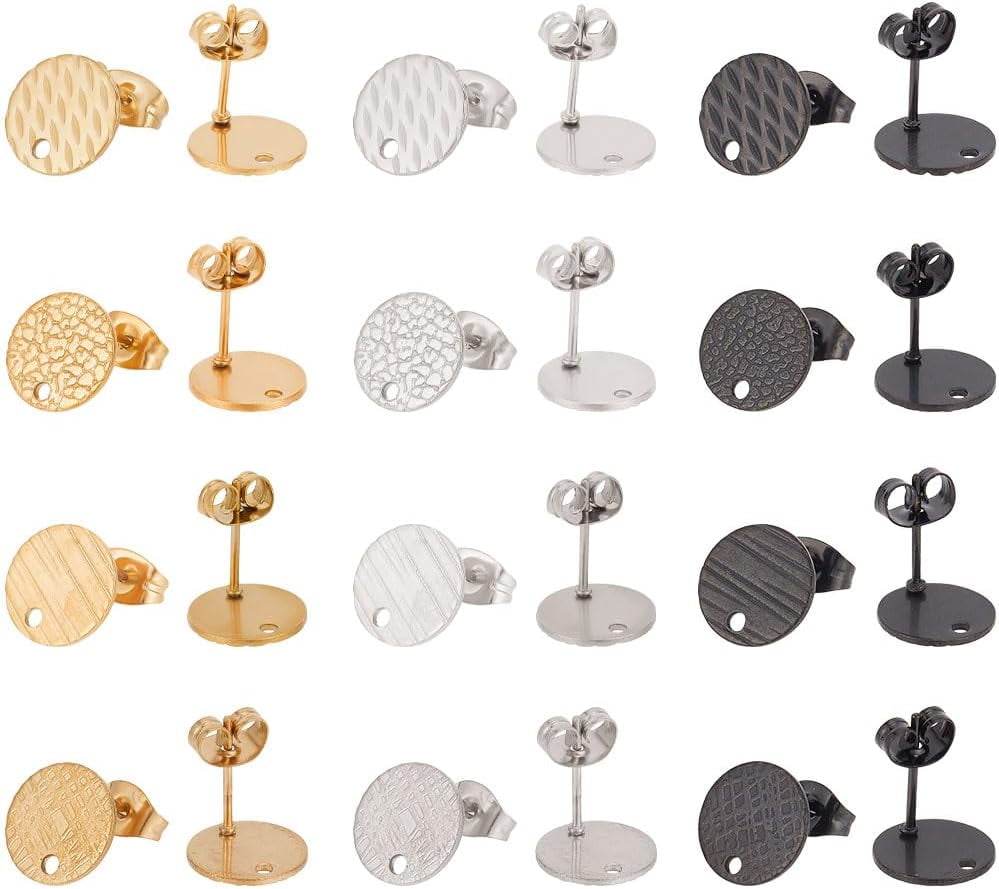 24 Pcs Ear Stud Findings 3 Colors 304 Stainless Steel Flat Round ...