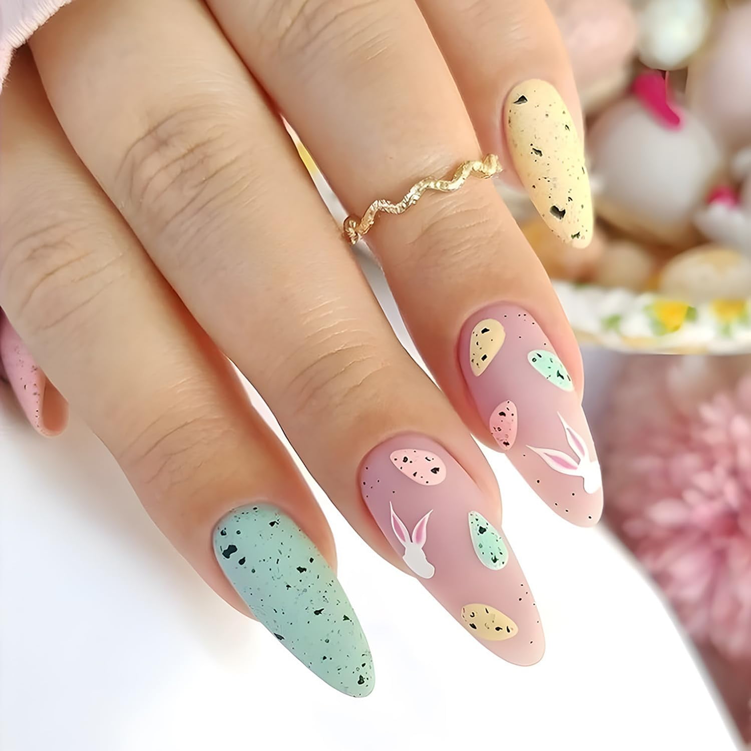 24 Pcs Easter Press on Nails Almond Long Fake Nails Cute False Nails ...