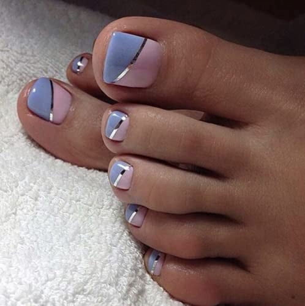 24 Pcs Pedicure Artificial Toenails Lacquer Blue Pink Full Cover Toe ...